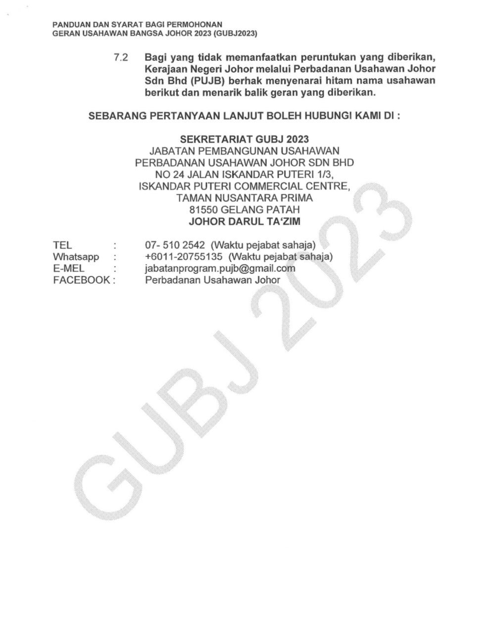 Permohonan Geran Usahawan Bangsa Johor (GUBJ 2023) – Yayasan Pasir Gudang